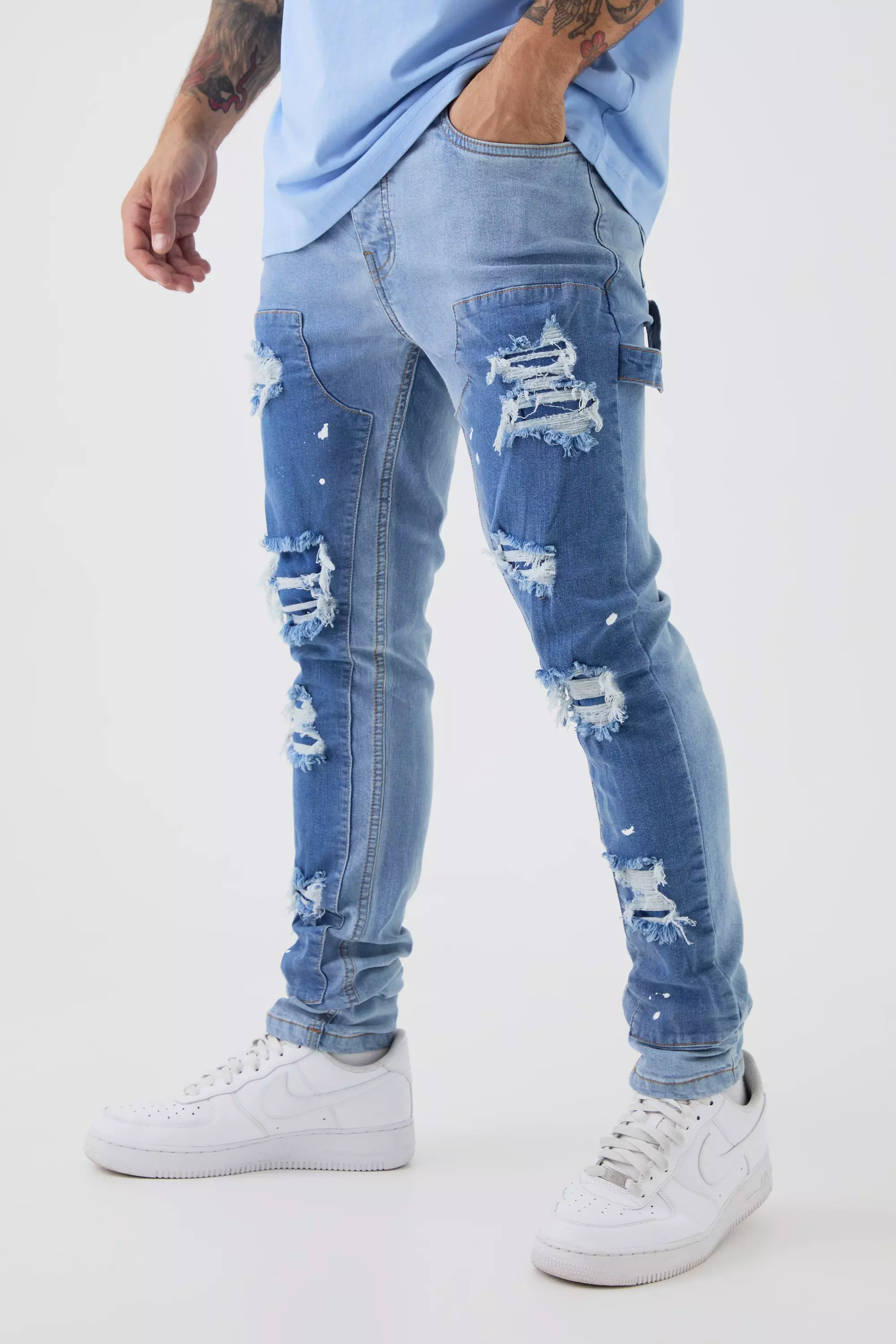 Skinny Stretch Stacked Carpenter Rip Repair Denim Jeans boohooMAN USA